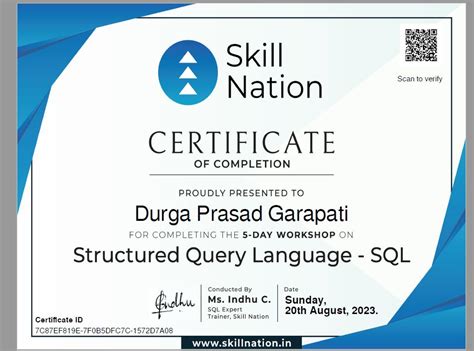 Durga Prasad Garapati On Linkedin Sql Certificate From Skill Nation