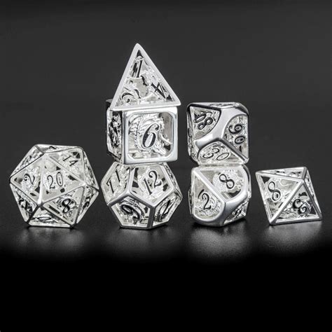 Shiny Silver Dragon With Black Font Hollow Dice Set Hymgho Dice