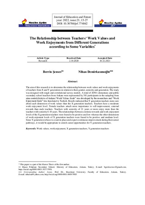 Pdf The Relationship Between Teachers Work Values And Work Enjoyments From Different