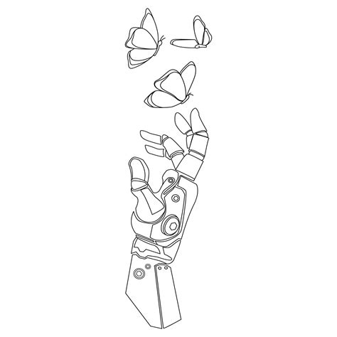 Bionic Robotic Hand Touches Flying Butterflies Line Art Drawing For