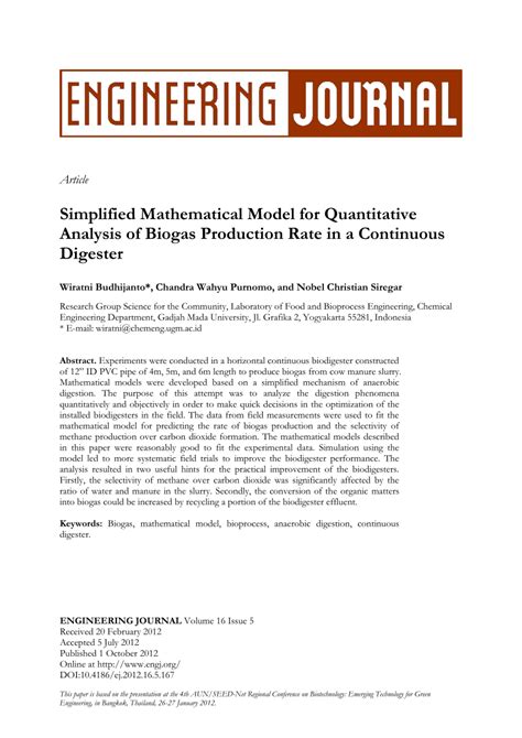 Pdf Simplified Mathematical Model For Quantitative Analysis Of Biogas Production Rate In A