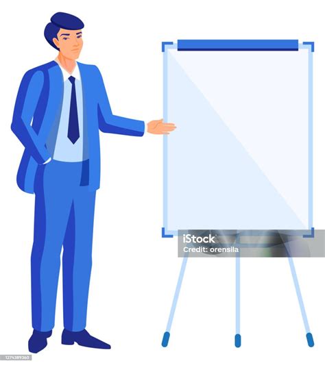 Pengusaha Muda Berdiri Di Flipchart Dan Pertunjukan Vektor Kartun Datar