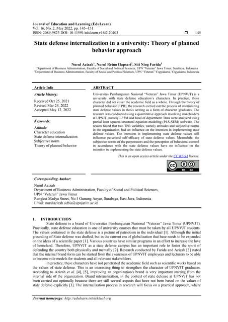 State Defense Internalization In A University Theory Of Planned Behavior Approach Pdf