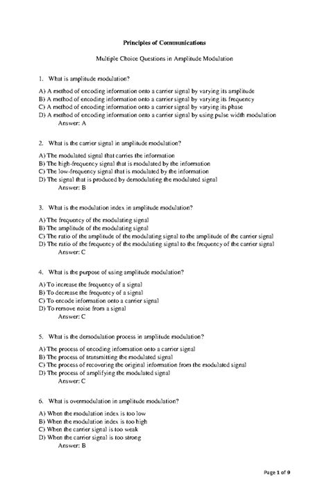Mcq In Amplitude Modulation Principles Of Communications Multiple Choice Questions In