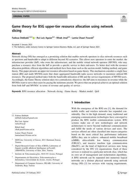pdf game theory for b5g upper tier resource allocation using network