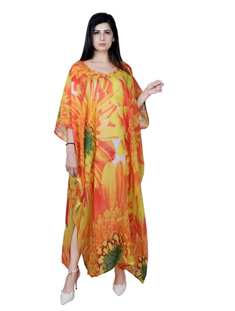 Sunflower Print Silk Caftan Womens Silk Kaftans Long Silk Dress Beach