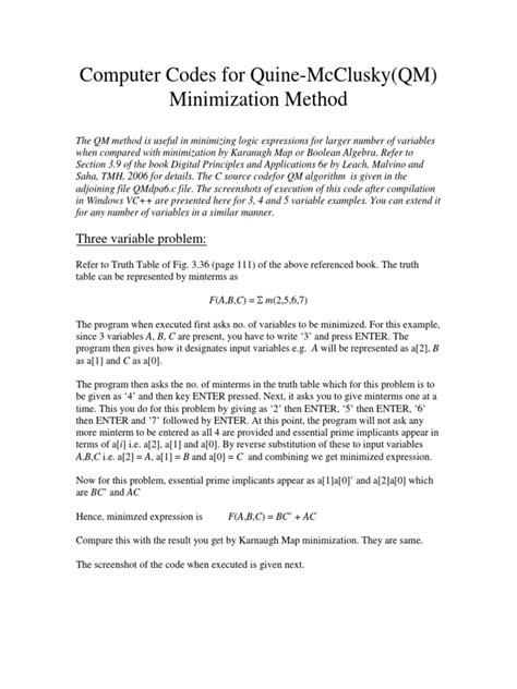 Computer Codes For Quine Mcclusky Qm Minimization Method Three Variable Problem Download