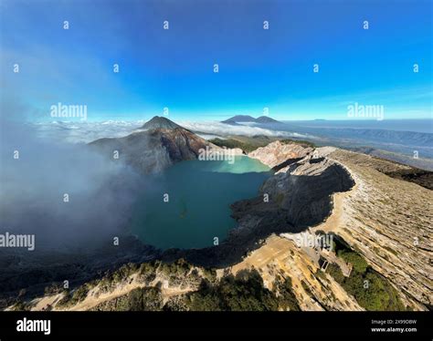 Aerial View Of Mount Kawah Ijen Volcano Crater At Sunrise East Java