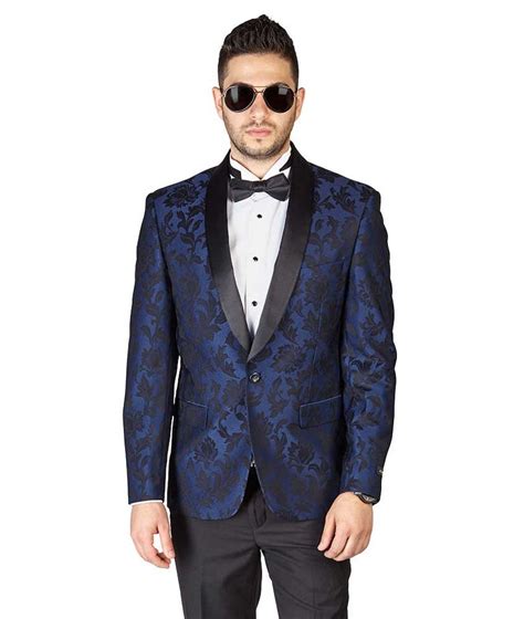 Slim Fit Button Navy Blue Shawl Lapel Satin Collar Floral Tuxedo Dinner Jacket ÃZARMAN