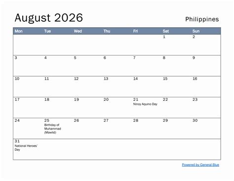 Free Monthly Calendar Template For August 2026 With Philippines
