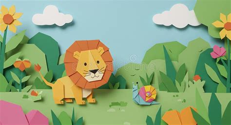 Playful Origami Lion And Snail In A Vibrant Landscape Stock