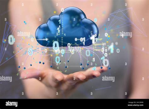 3d rendered data cloud with binary code hovering over a palm stock