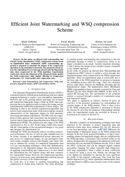 Pdf Efficient Joint Watermarking And Wsq Compression Scheme