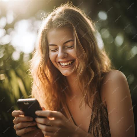 Premium Ai Image Pretty Summer Girl Smiling With A Smartphone