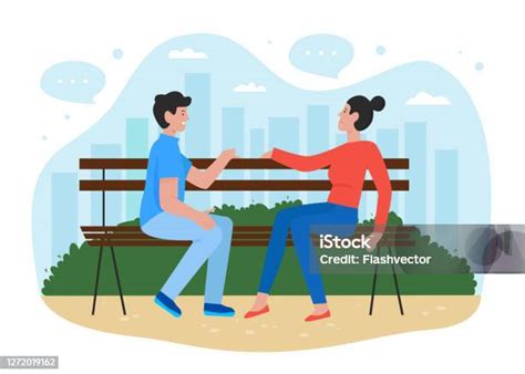 공원 플랫 벡터 일러스트 만화 행복한 젊은 친구 또는 로맨틱 한 날짜 또는 친절한 회의에 도시 여름 공원에서 벤치에 앉아 커플