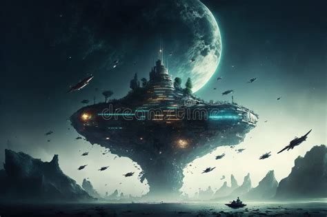 Sci Fi Fantasy Floating City In The Vastness Space Stock Illustration