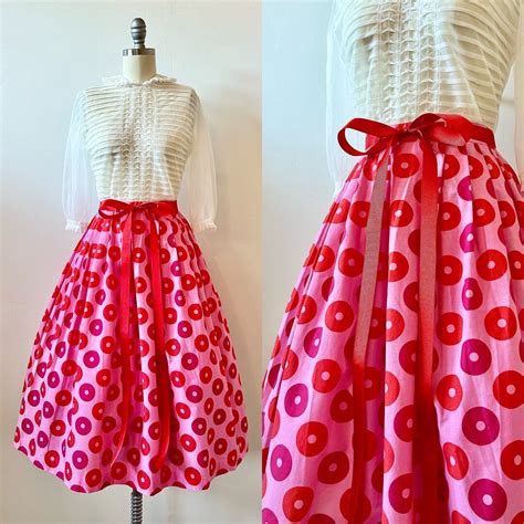 1950s Bright Pink Polka Dot Skirt 50s Pleated Circle Print Skirt