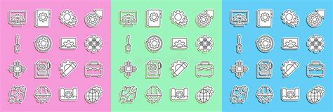 Set Line Globe Of The Earth And Gear Toolbox Processor Gear Arrows As Workflow Screwdriver