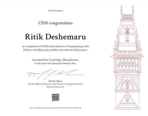 Cs50 Python Programming Harvard Harvarduniversity Certificate Ritik Deshemaru