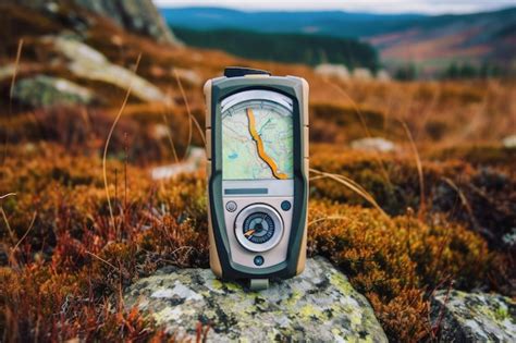 Portable Gps Device With Compass And Map On Blurred Background Of