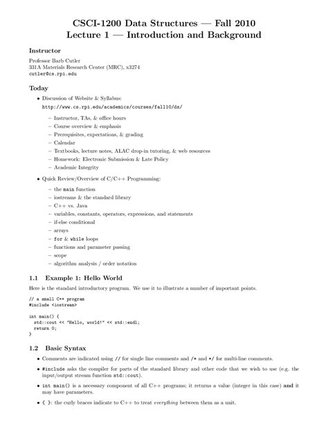 Introduction And Background Of Data Structure Csci 1200 Docsity