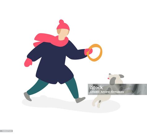 강아지와 함께 재생 하는 여자의 그림입니다 벡터입니다 코트 십 대 소녀 회색 개 함께 실행 됩니다 두 친구입니다 플랫 만화