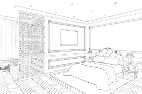 몰딩이있는 벽에 수평 포스터가있는 고전적인 침실의 스케치 침대 측면의 침대 옆 테이블에 램프 오픈 워크 파티션 뒤의 창문 옆의 테이블 스케치에 대한 스톡 벡터 아트 및 기타