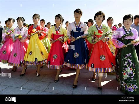 North Korean Women Dressed In Traditional Attire Visit Mansu Hill In