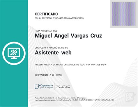 Certificado de curso de Asistente web Fundación Carlos Slim