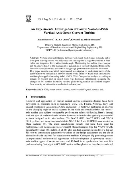 Pdf An Experimental Investigation Of Passive Variable Pitch Vertical Axis Ocean Current Turbine