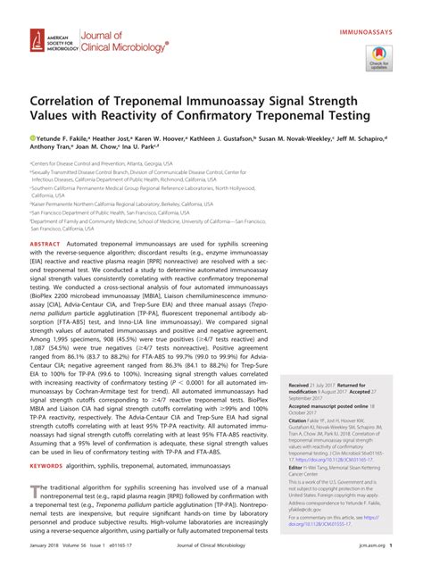 Pdf Correlation Of Treponemal Immunoassay Signal Strength Values With Reactivity Of