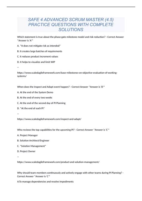 Safe 4 Advanced Scrum Master 4 5 Practice Questions With Complete Solutions Safe Stuvia Us