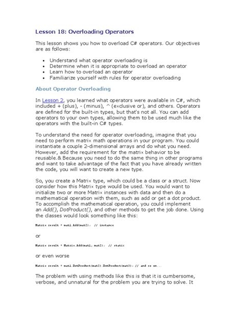 lesson 18 overloading operators pdf method computer programming