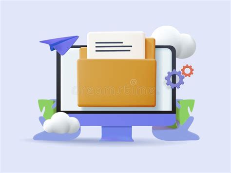 Yellow Folder With Files File Transfer Concept Yellow Folder With Document On Computer Monitor