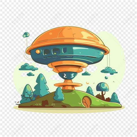 나무와 일부 푸른 잔디 만화와 Ufo 클립 아트 우주선 벡터유포ufo Png 일러스트 무료 다운로드 Lovepik