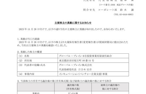 2936 ベースフード 主要株主の異動に関するお知らせ（20231129 1200提出）