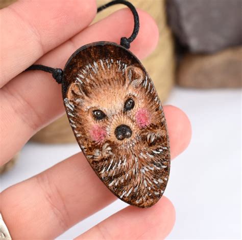 Cute Hedgehog Pyrography Wooden Oval Pendant B Folksy
