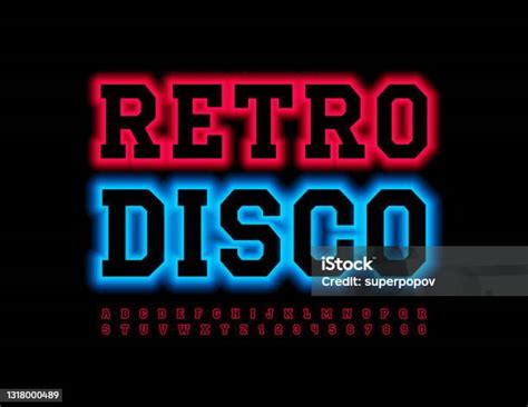 조명 알파벳 문자와 숫자벡터 이벤트 전단지 복고풍 디스코 컴퓨터 글자에 대한 스톡 벡터 아트 및 기타 이미지 컴퓨터 글자 형광색의 공휴일 Istock