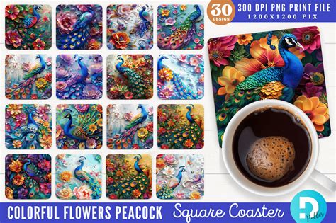 Flowers Peacock Square Coaster Bundle Graphic By Regulrcrative