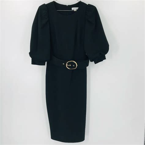 Calvin Klein Puff Sleeve Belted Sheath Dress Black Si Gem
