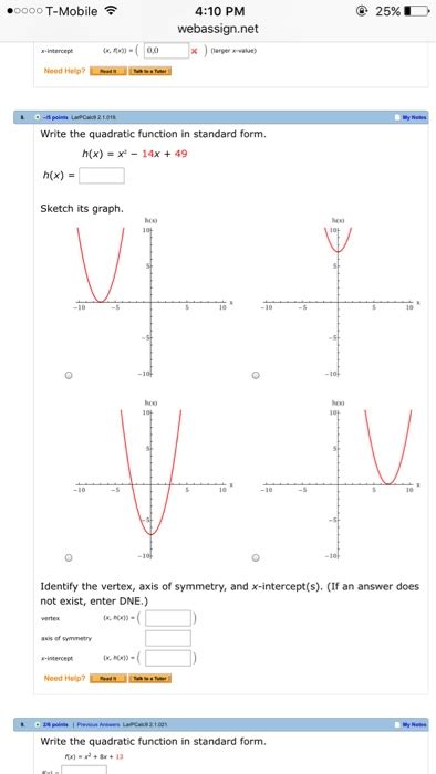 solved write the quadratic function in standard form h x