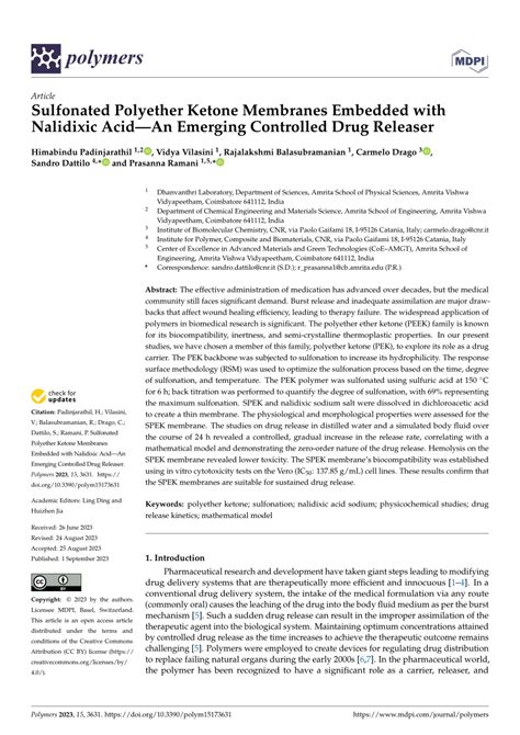 Pdf Sulfonated Polyether Ketone Membranes Embedded With Nalidixic Acid—an Emerging Controlled