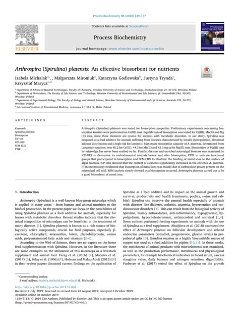 Pdf Arthrospira Spirulina Platensis An Effective Biosorbent For