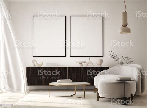 현대 인테리어 배경 거실 현대 스타일 3d 렌더링 3d 일러스트레이션에서 포스터 프레임을 모의 벽에 대한 스톡 사진 및 기타 이미지 Istock