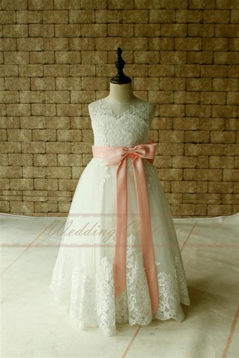 Ivory Lace Applique Flower Girl Dress Ankle Length With Blush Pink Sash