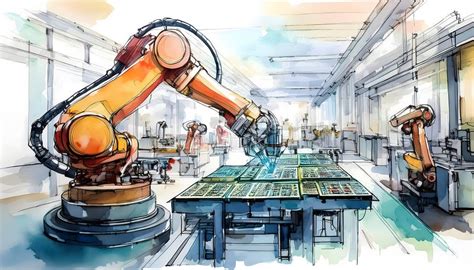 Robotic Arms Work On Circuit Boards In A Bright Modern Factory Setting Stock Illustration