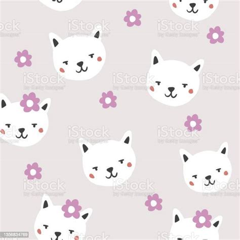 귀여운 소녀 고양이 얼굴과 꽃과 원활한 유치한 패턴 창조적 인 아이들은 직물 포장 섬유 벽지 의류를 위해 손으로 그린 질감 벡터 일러스트레이션 0명에 대한 스톡 벡터 아트
