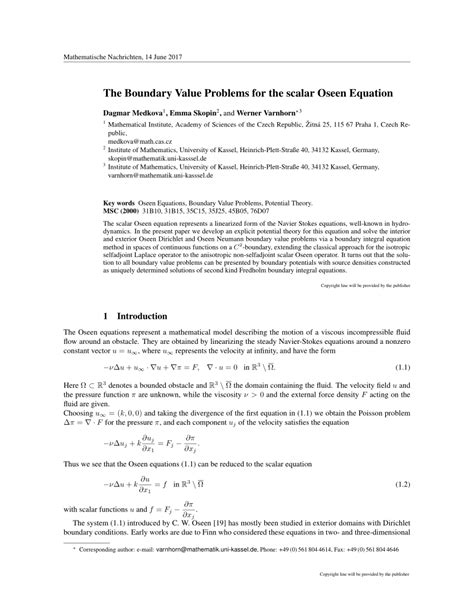 Pdf The Boundary Value Problems For The Scalar Oseen Equation
