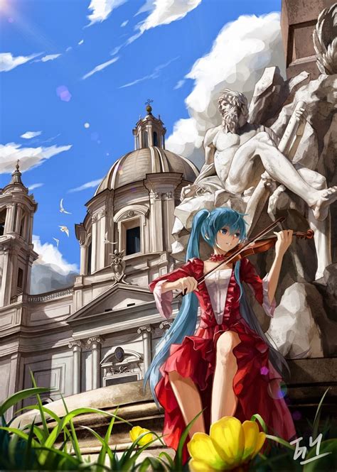 Wallpaper Anime Girls Vocaloid Hatsune Miku Statue Violin