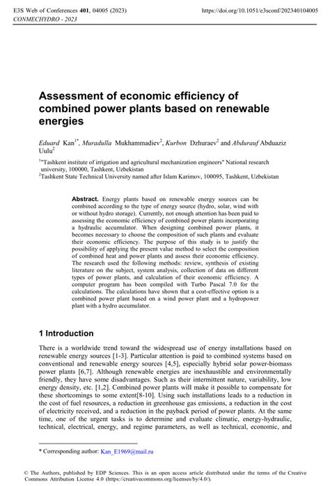 Pdf Assessment Of Economic Efficiency Of Combined Power Plants Based On Renewable Energies